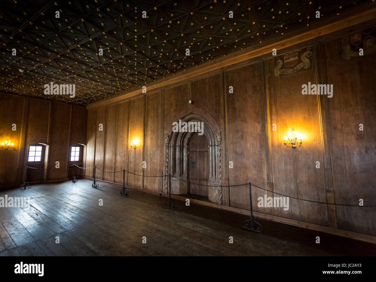 Big wooden room with decorated ceiling at old castle Stock Photo - Alamy