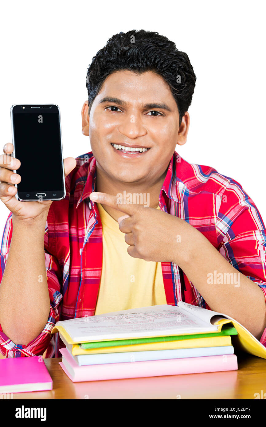 College Student Boy Phone Pointing Showing Education Stock Photo - Alamy