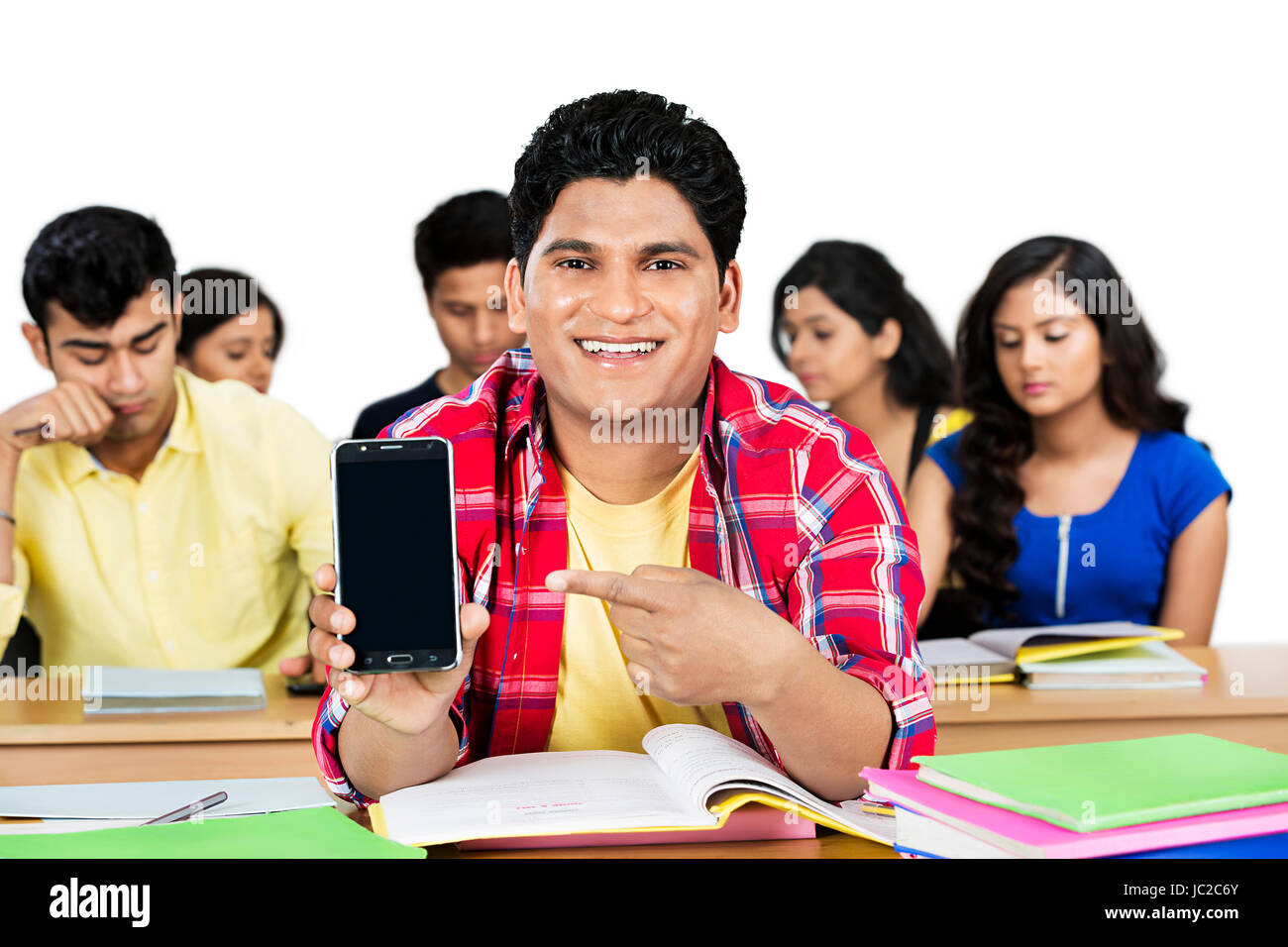 College Student Phone Pointing Showing Education Classroom Stock Photo ...