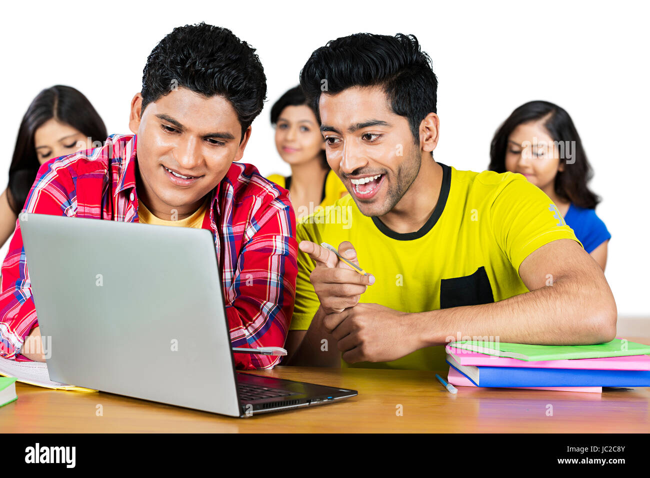 Indian College Friend Student Studying Laptop Pointing Stock Photo - Alamy