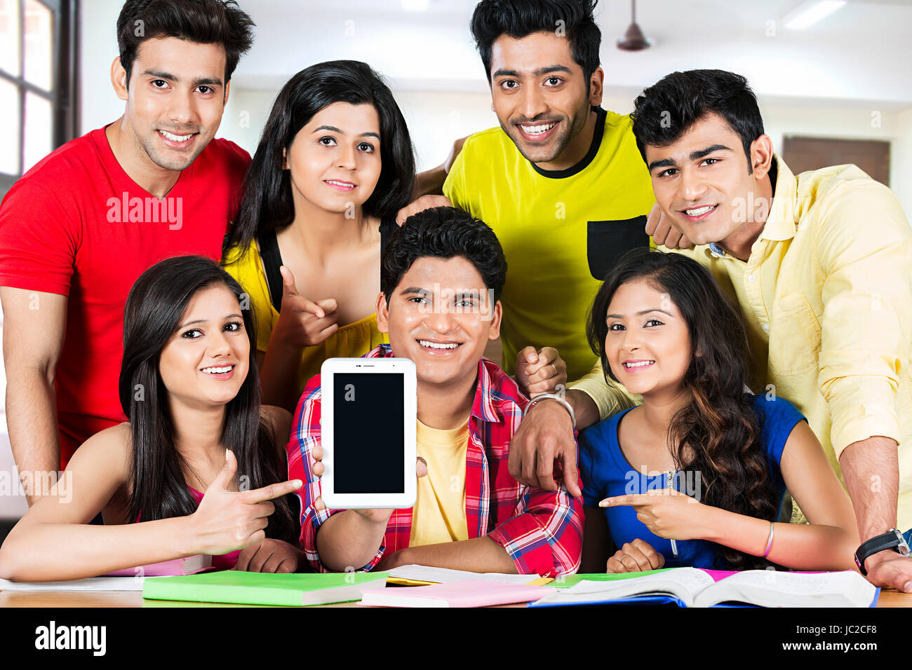 College Friends Students Digital Tablet Showing Education Stock Photo ...