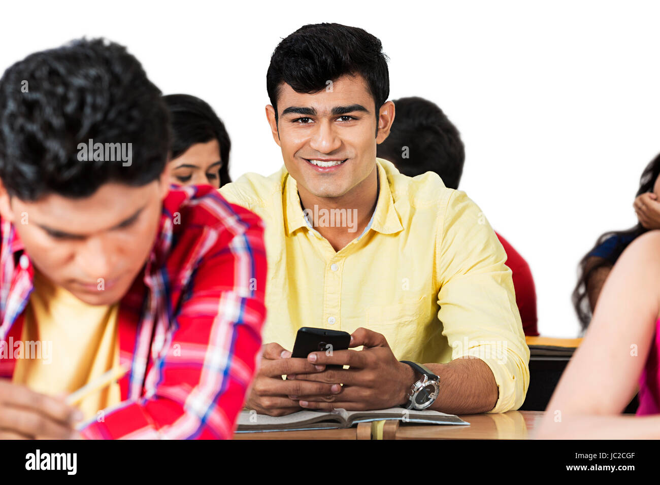 College Student Man Text Message Phone Classroom Stock Photo - Alamy