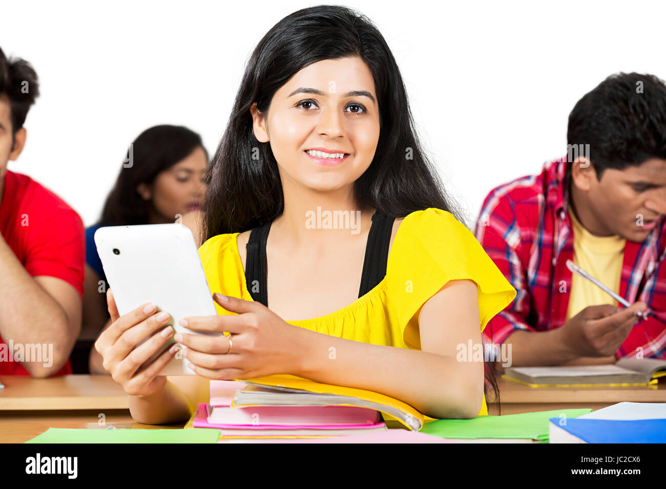College Student Girl Text Message Tablet Classroom Stock Photo - Alamy