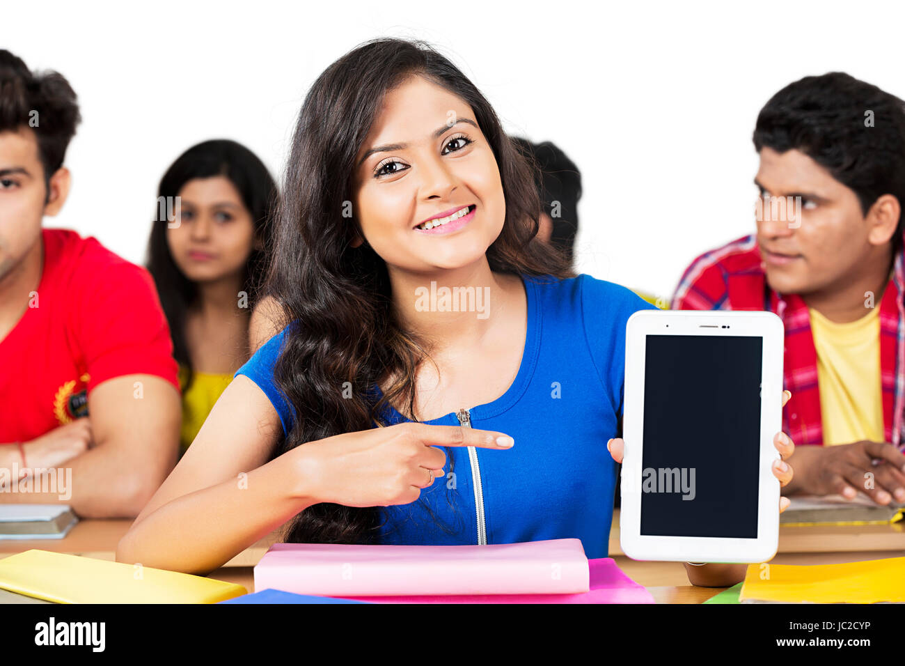 College Student Showing Digital Tablet Pointing Classroom Stock Photo ...