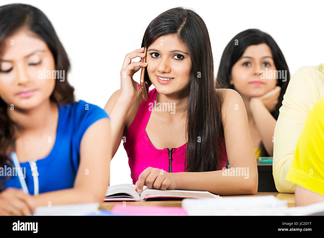 College Girl Student Classroom Talking Phone Smiling Stock Photo - Alamy