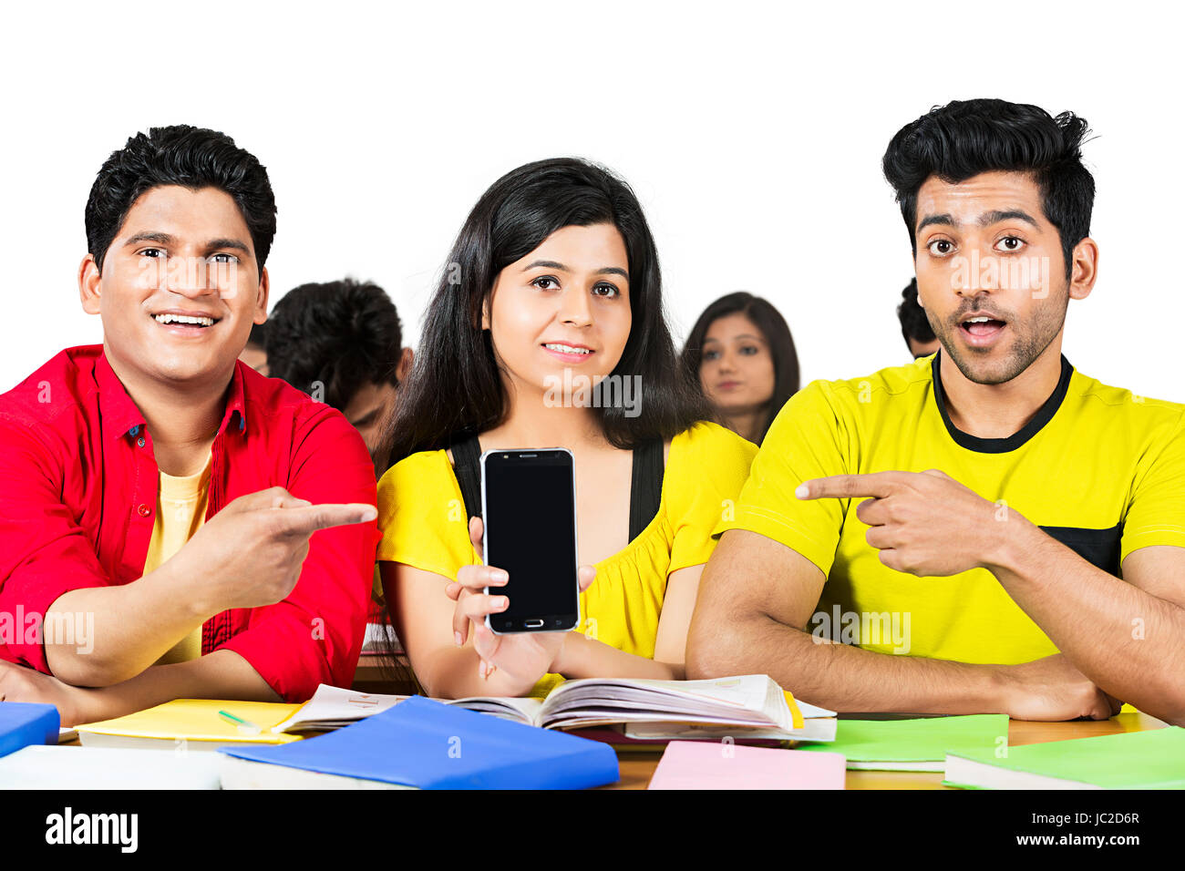 College Friends Student Classroom Showing Phone Pointing Stock Photo ...