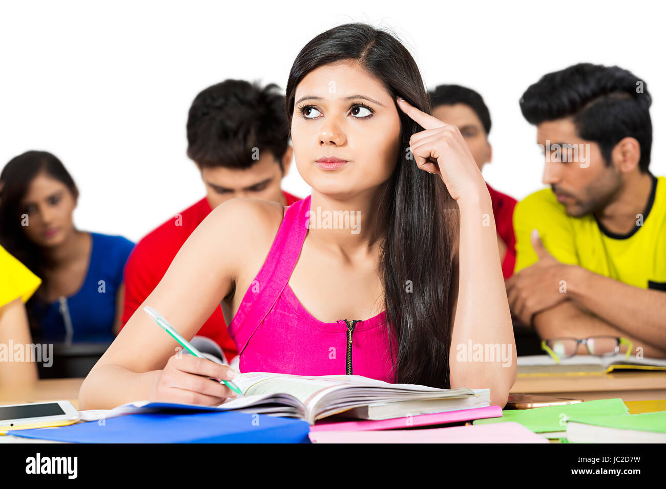 College Girl Student Studying Notebook Writing Forgot Thinking Stock ...