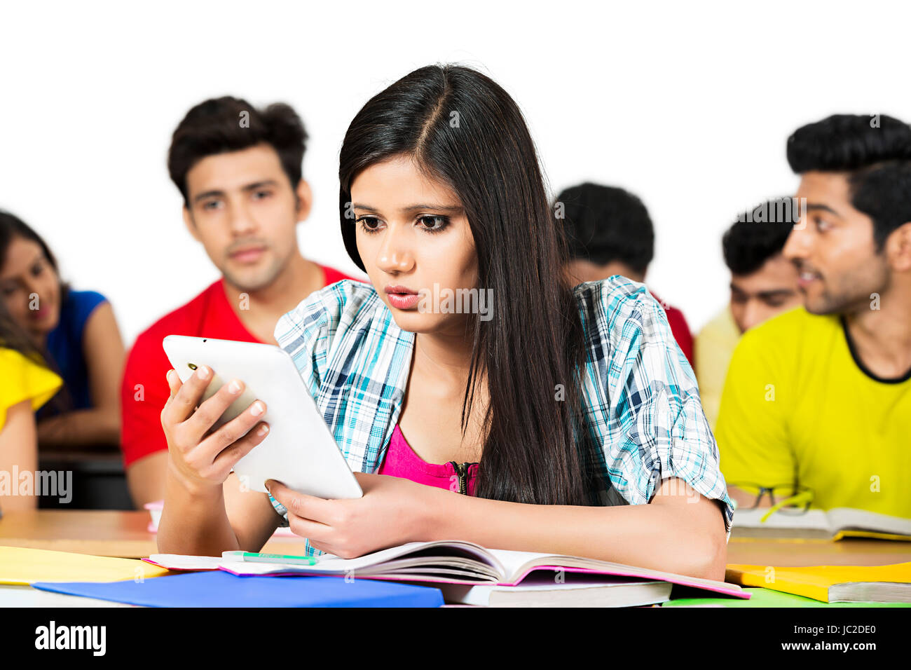 Shocked College Girl Student Reading Message Tablet Stock Photo - Alamy