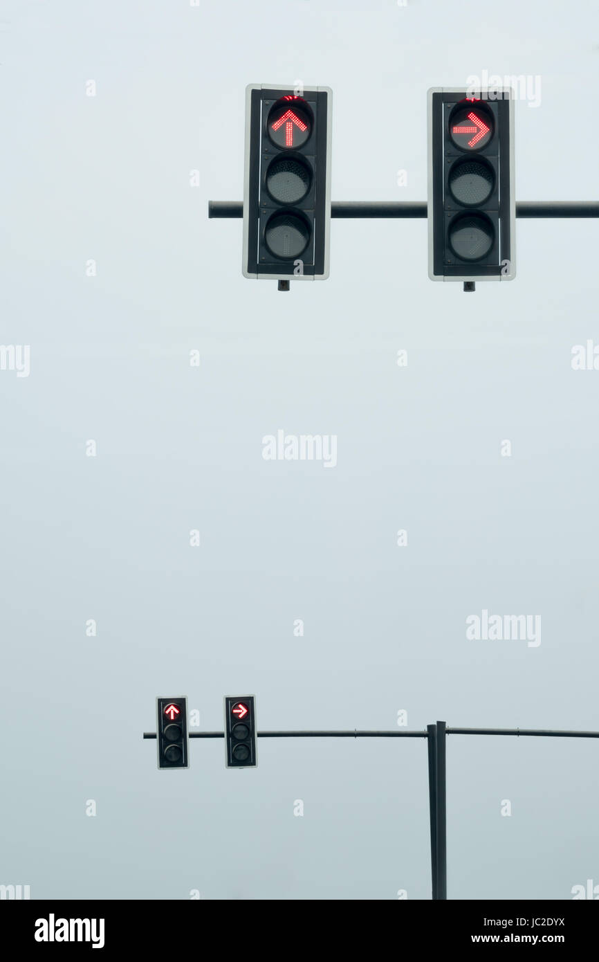 Traffic lights on a pole (red), straight and turn right direction Stock ...