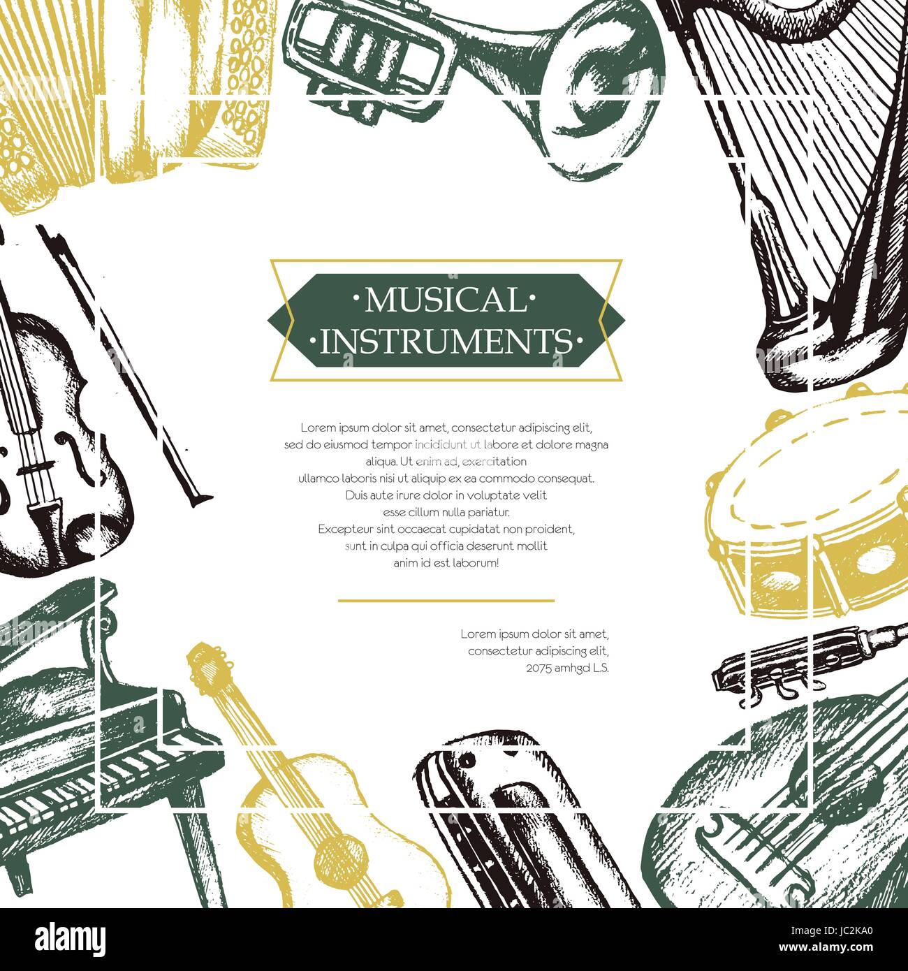 Musical Instruments - color hand drawn postcard template Stock Vector ...