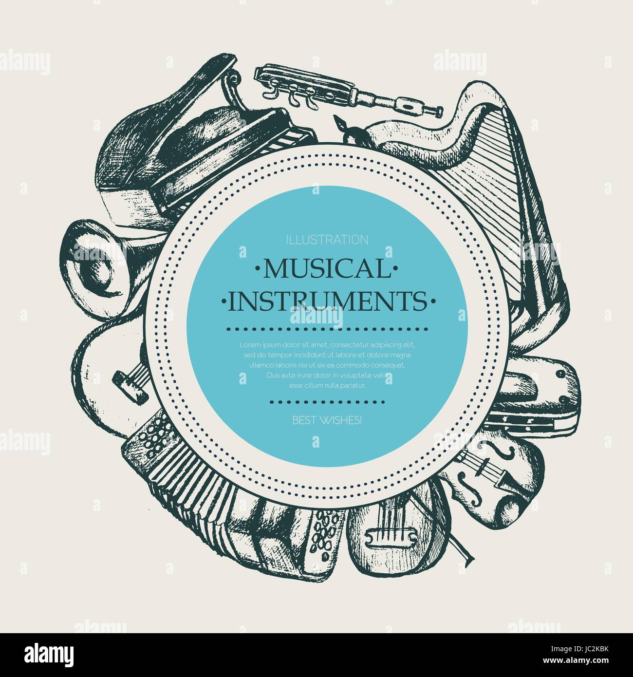 Musical Instruments - hand drawn round banner template Stock Vector ...