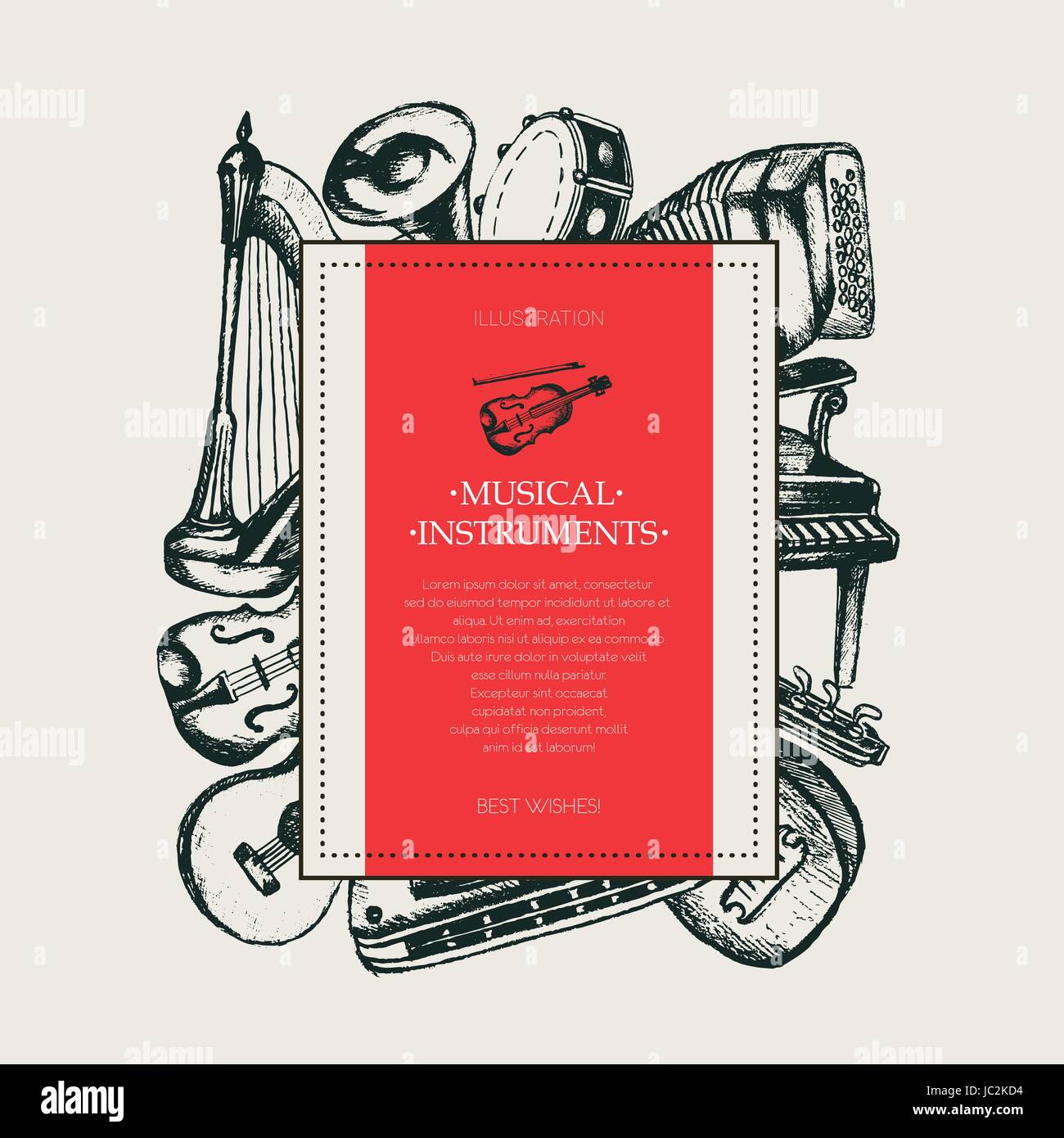 Musical Instruments - hand drawn square postcard template Stock Vector ...