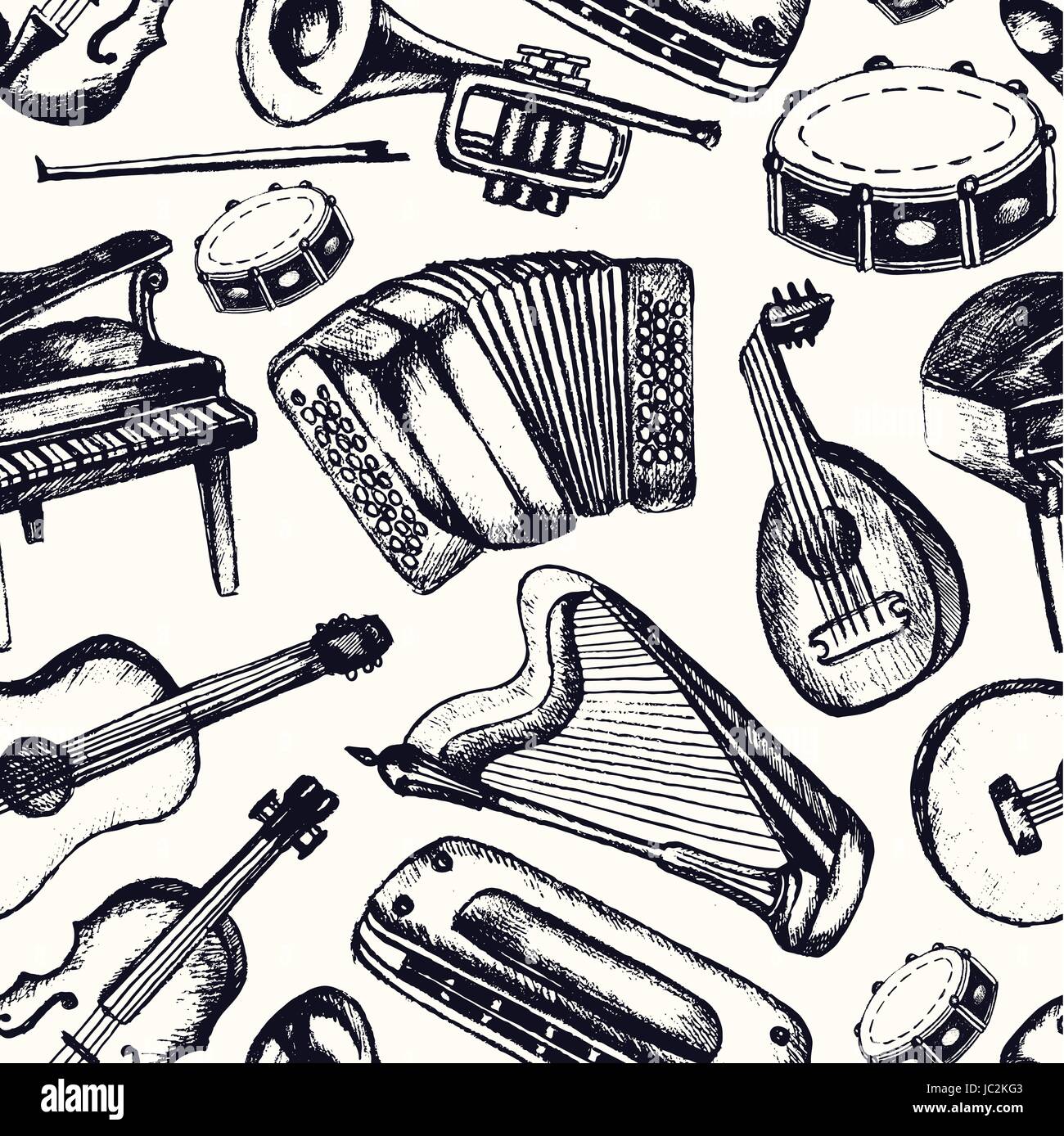 Musical Instruments - one color hand drawn seamless pattern Stock ... Musical Instruments - one color hand drawn seamless pattern Stock ...