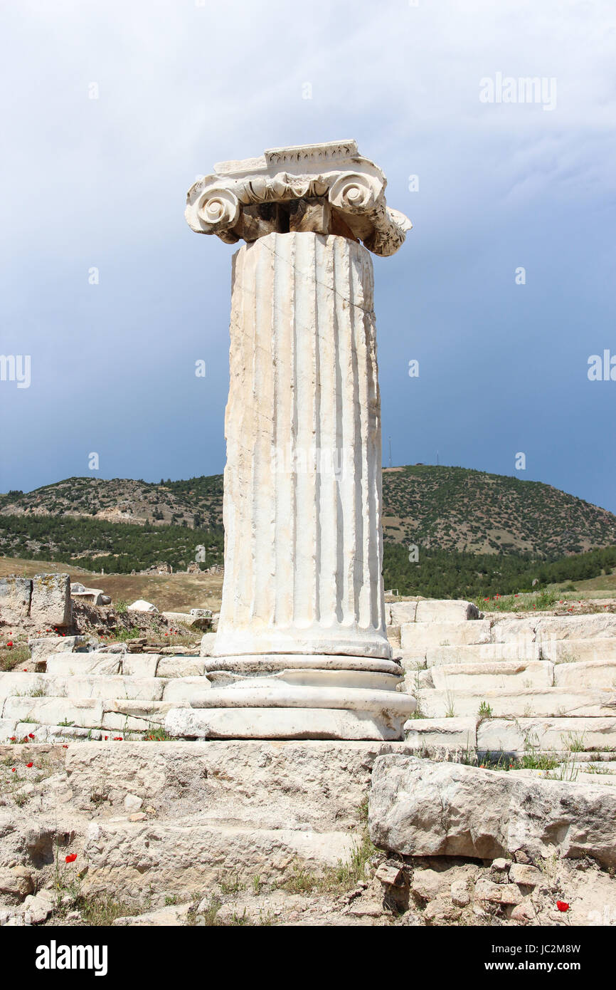 Vertical photo: the classical ancient Greek Ionian column, ruins of a ...