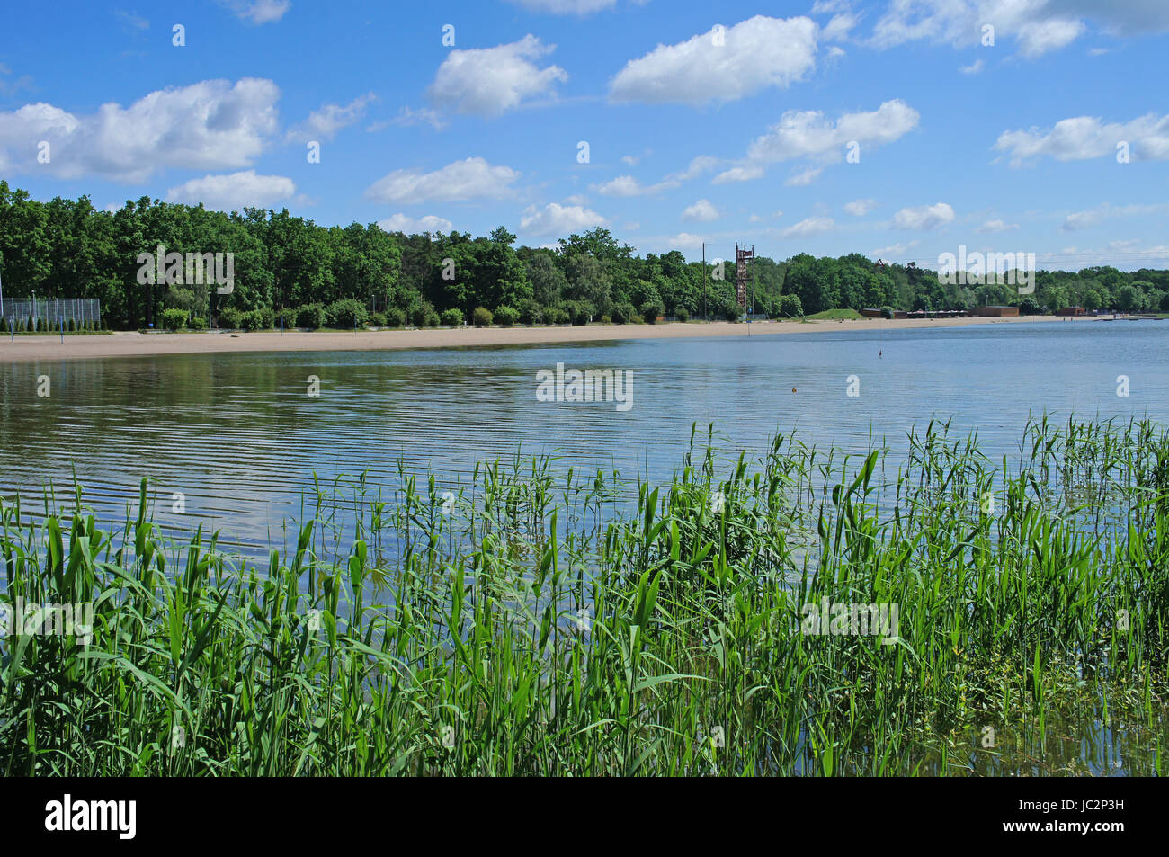 Landschaft in Polen, idyllischer See umgeben von Wald, blauer Himmel ...