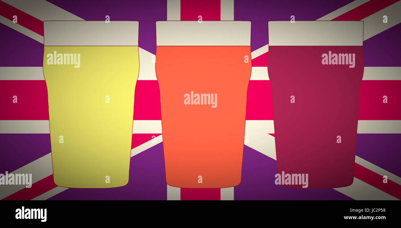 Vintage looking Three pints of British beer including lager, bitter and ...
