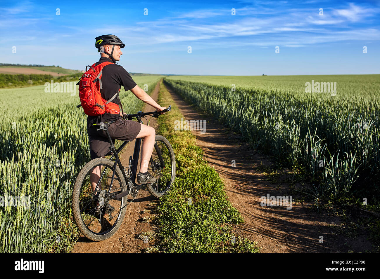 Rear view of the young cyclist riding bicycle on the road of the field ...
