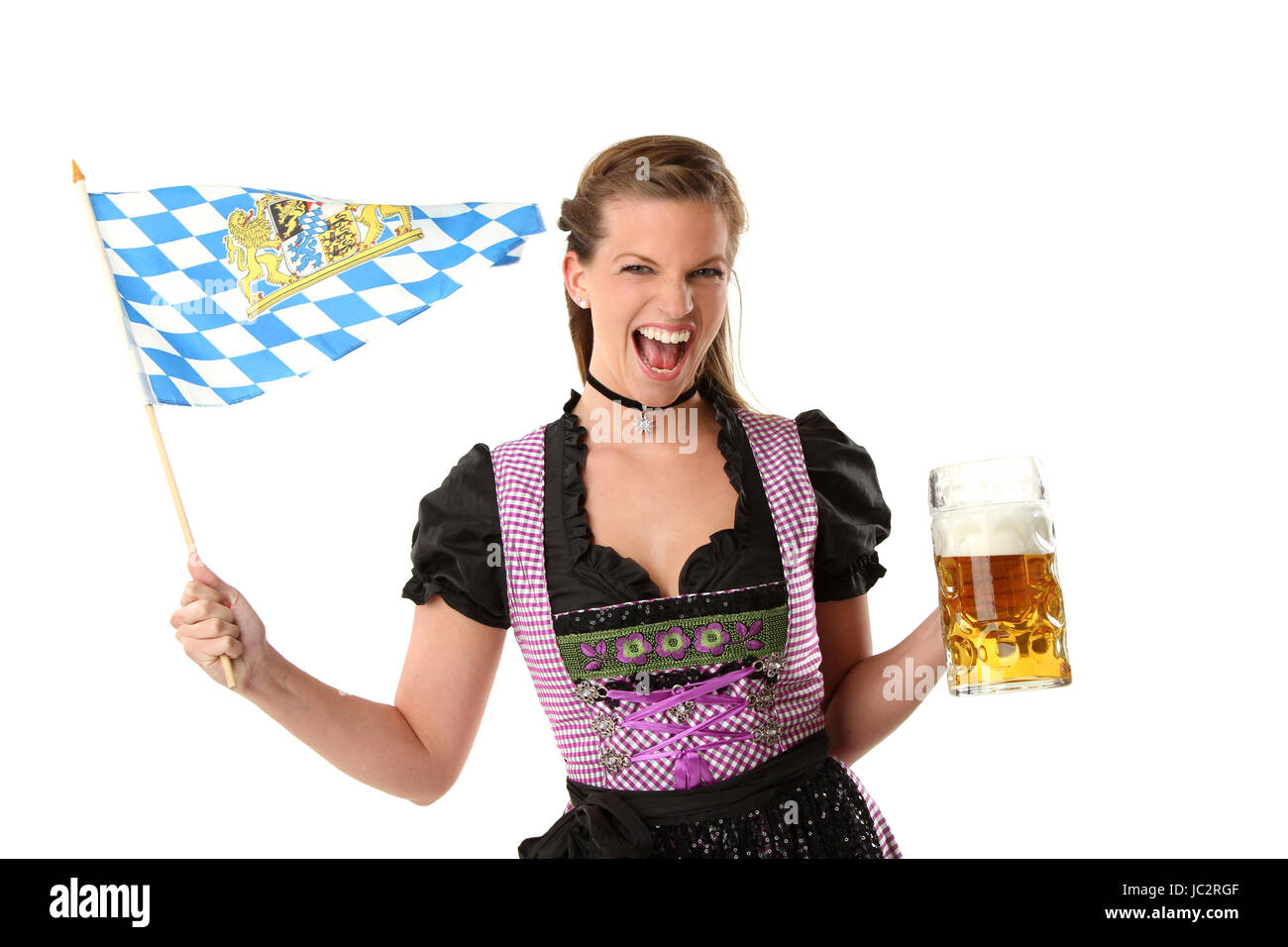 woman in dirndl with flag and beer Stock Photo - Alamy