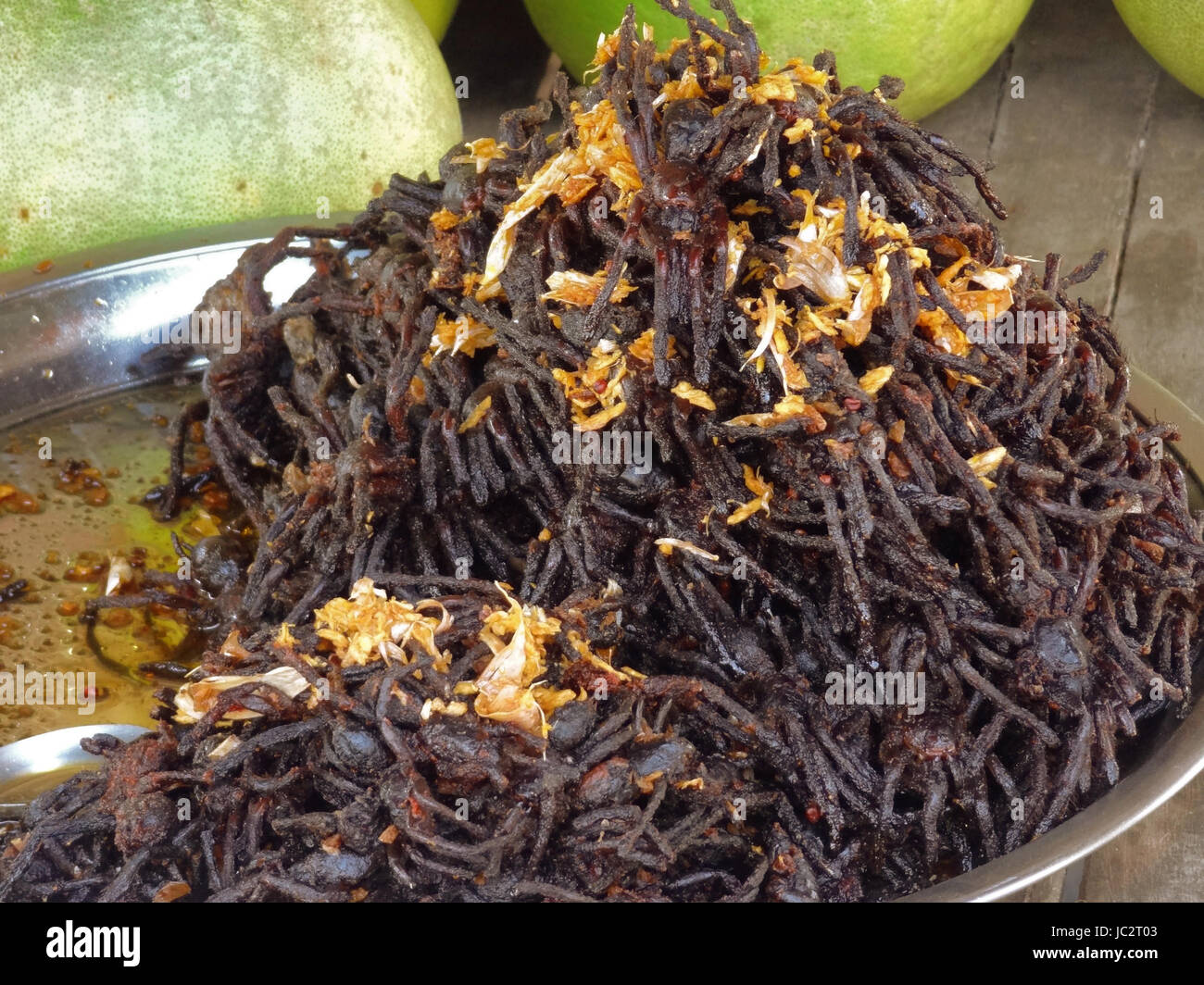 traditional dish in Thailand showing lots if fried bird spiders Stock ...