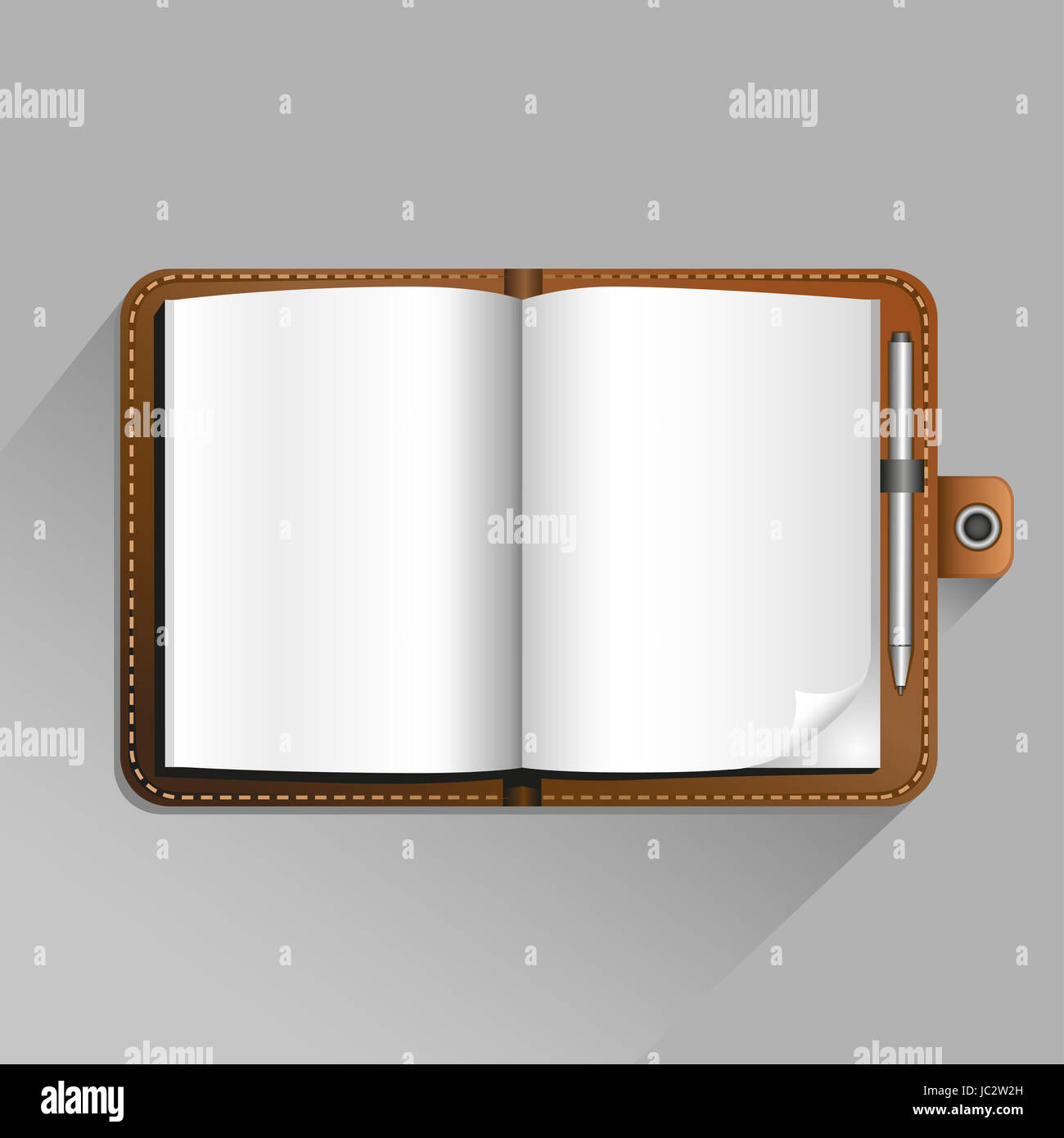The brown open notebook with pen and top view shadow on the gray ...