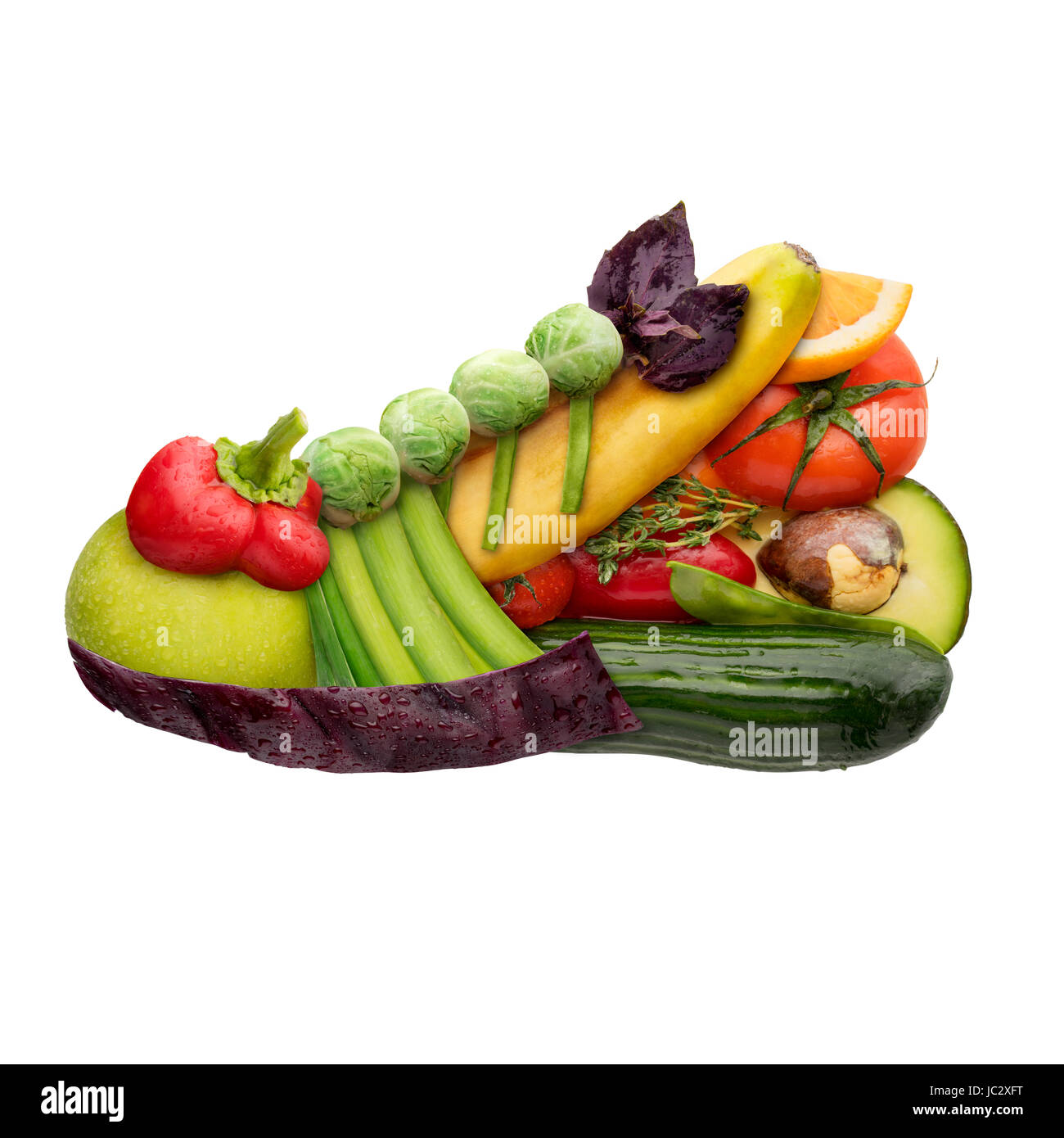 Fruits and vegetables in the shape of a shoe trainer for running, food ...