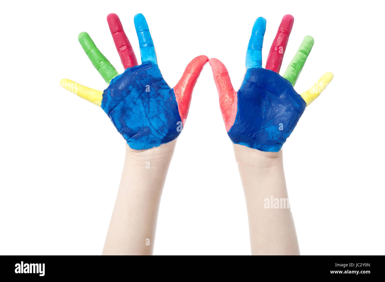 Two painted colorful hands against white background Stock Photo - Alamy