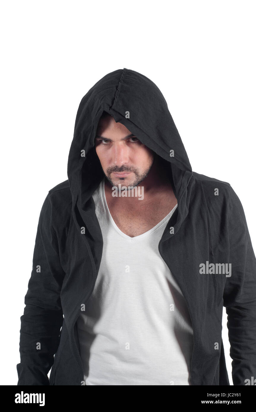 A male in a hood looks askance menacingly Stock Photo - Alamy