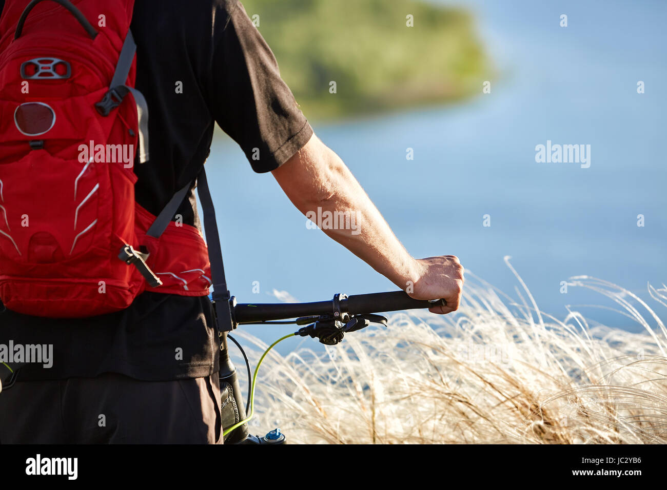 Rear view and close-up of the cyclist standing with mountain bike ...