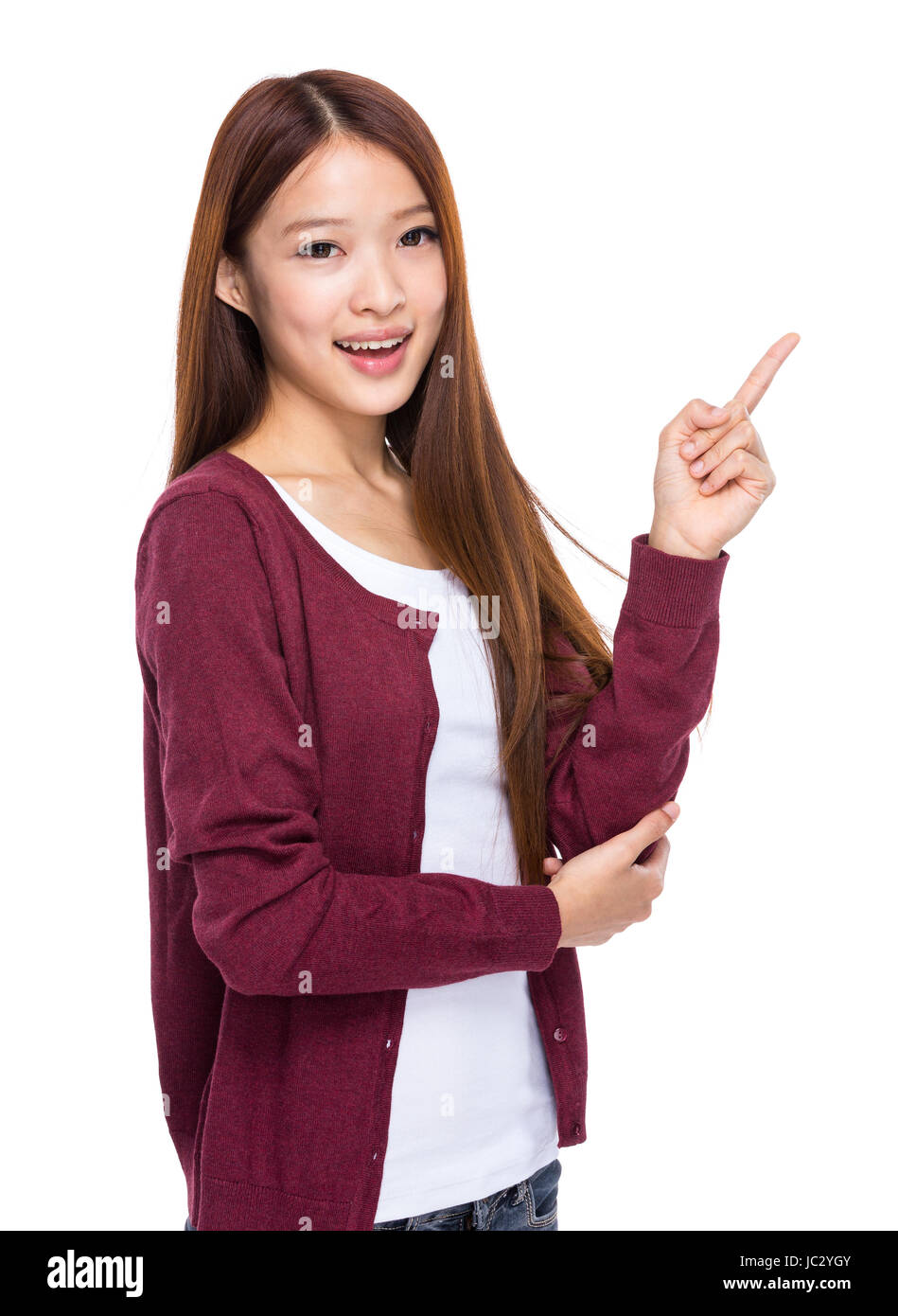 Woman with finger point out Stock Photo - Alamy