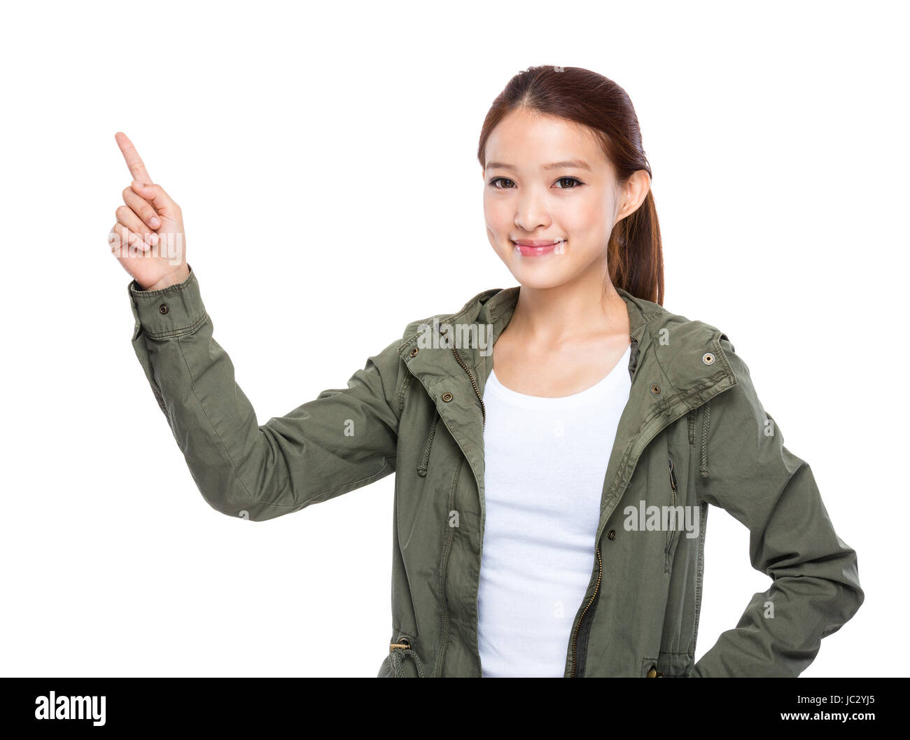 Young woman finger up Stock Photo - Alamy