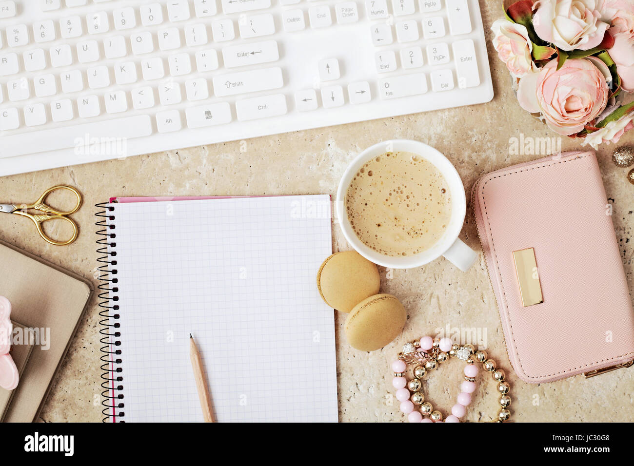 workspace with notebook keyboard, sketchbook, diary, coffee on white ...