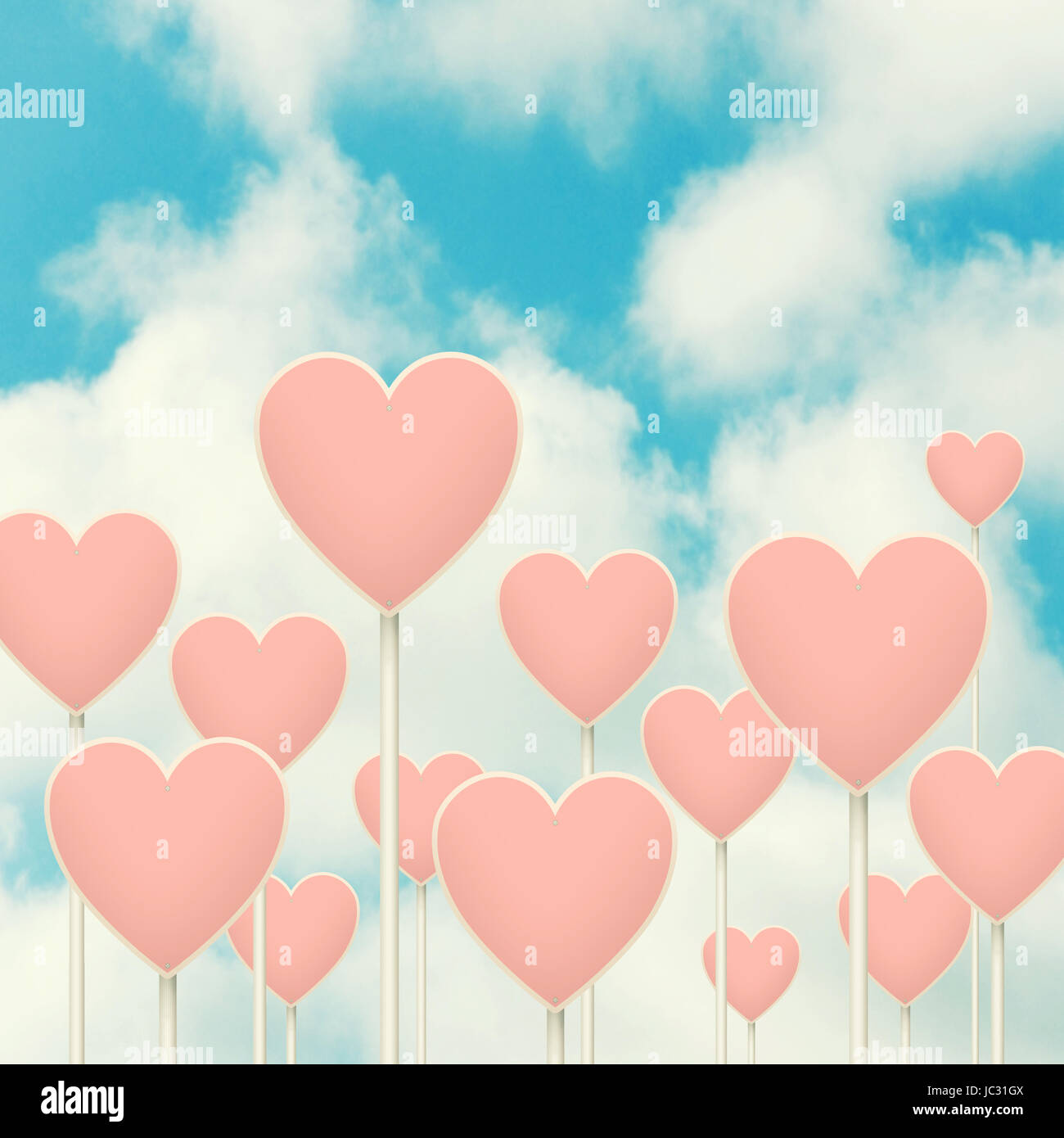 Many love or heart shape road sign post over blue sky, in vintage tone ...