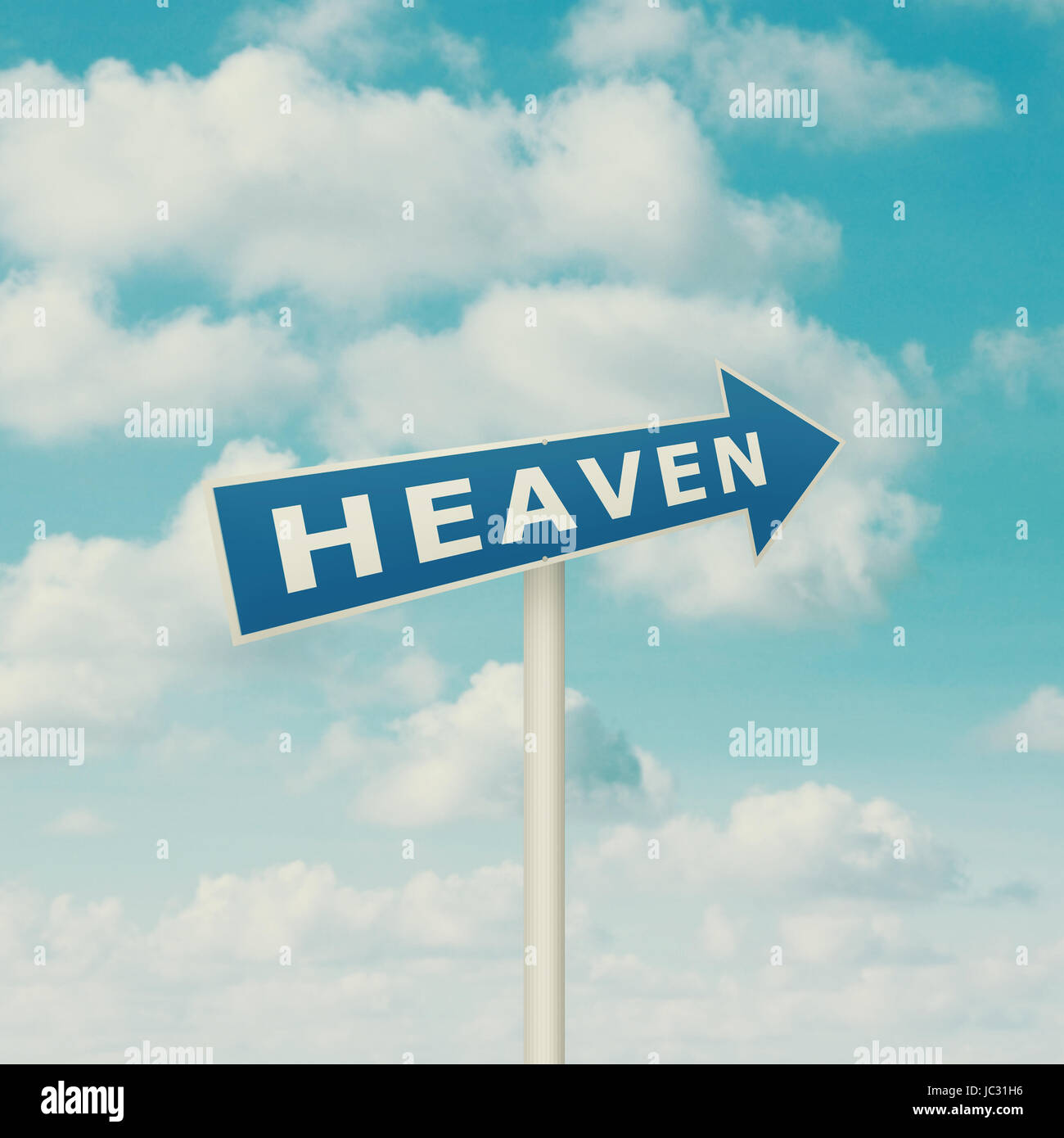 Road sign pointing to heaven, blue sky with clouds as background in ...