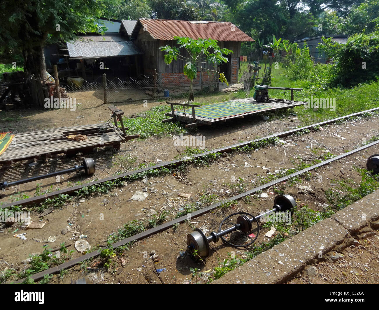 Bamboo train rails and station seen in Cambodia Stock Photo - Alamy