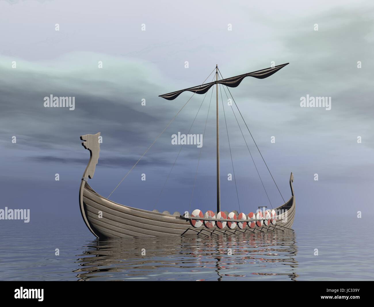 One viking drakkar with salis furled by grey cloudy day- 3D render ...