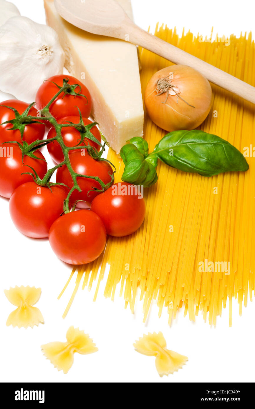 spaghetti and ingredients isolated on white background Stock Photo - Alamy