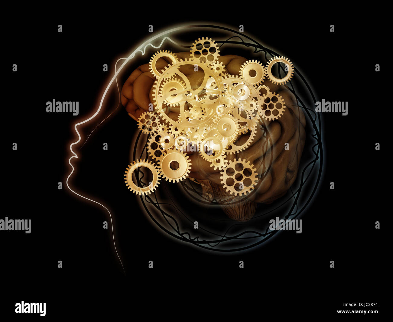 Human Mind series. Creative arrangement of brain, human outlines and ...