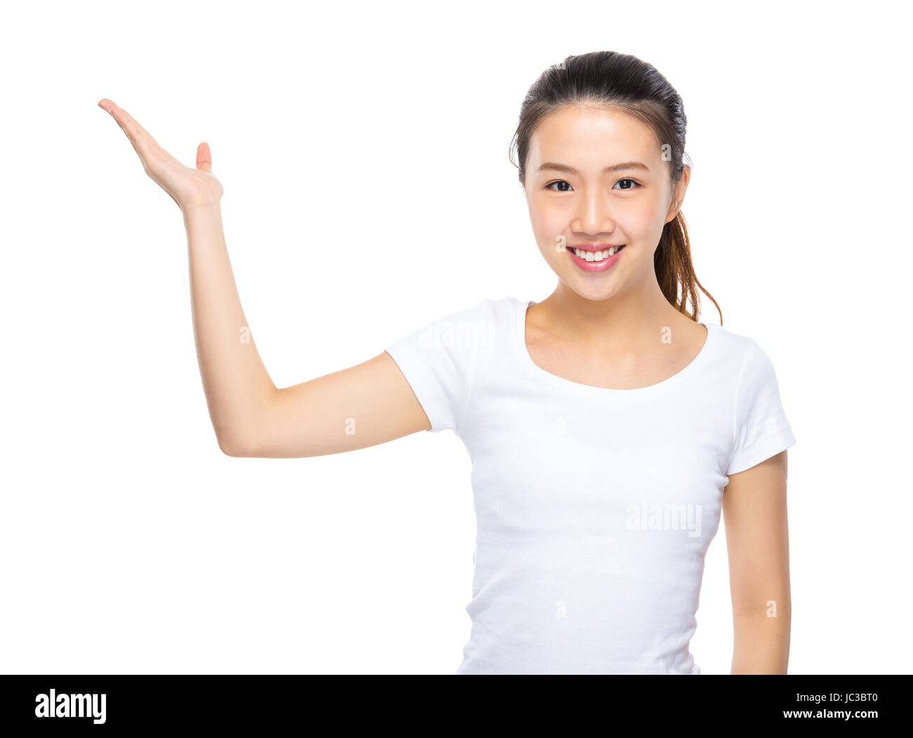 Young woman with hand presentation Stock Photo - Alamy