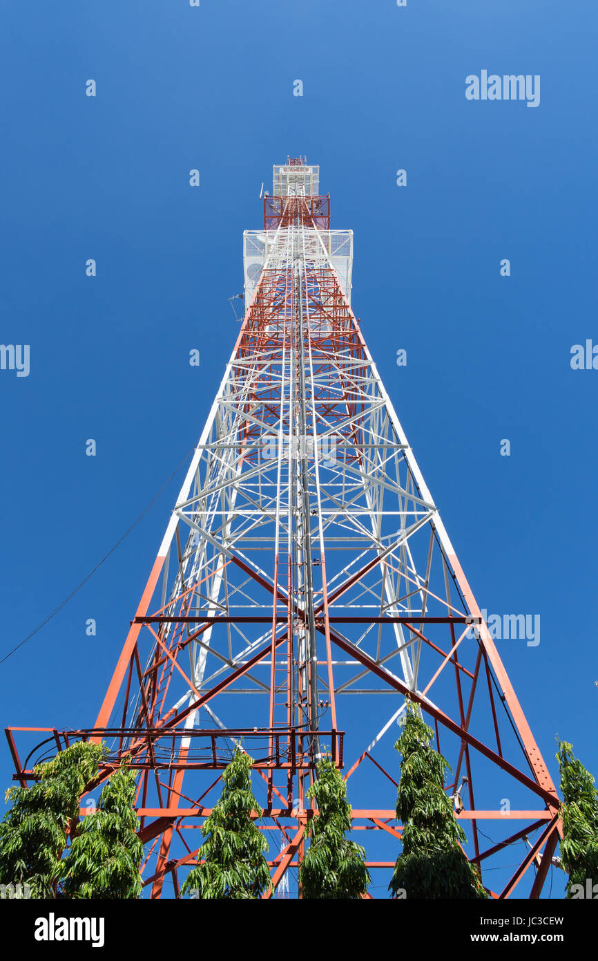 Telecommunication Tower, Pole with bright blue sky, ant eye view Stock ...