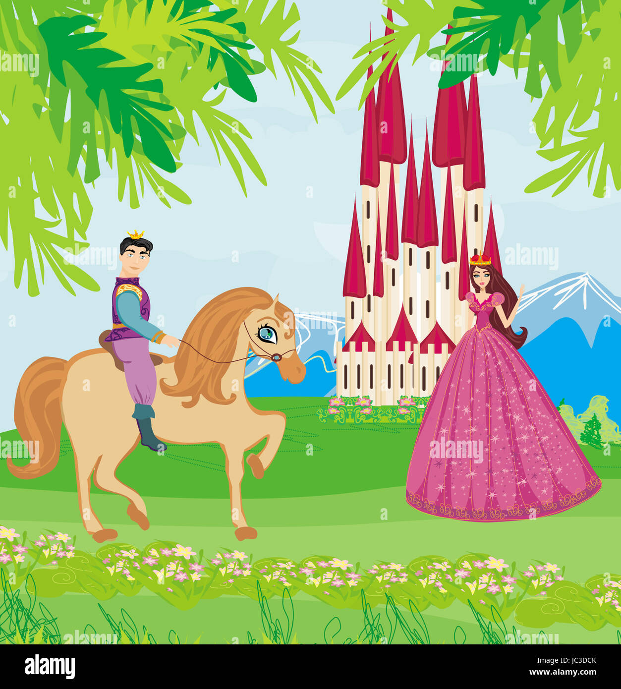 Prince riding a horse to the princess Stock Photo - Alamy