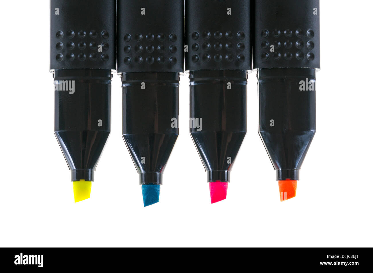 Multicolored highlighters arrange in a row. Isolated on white ...