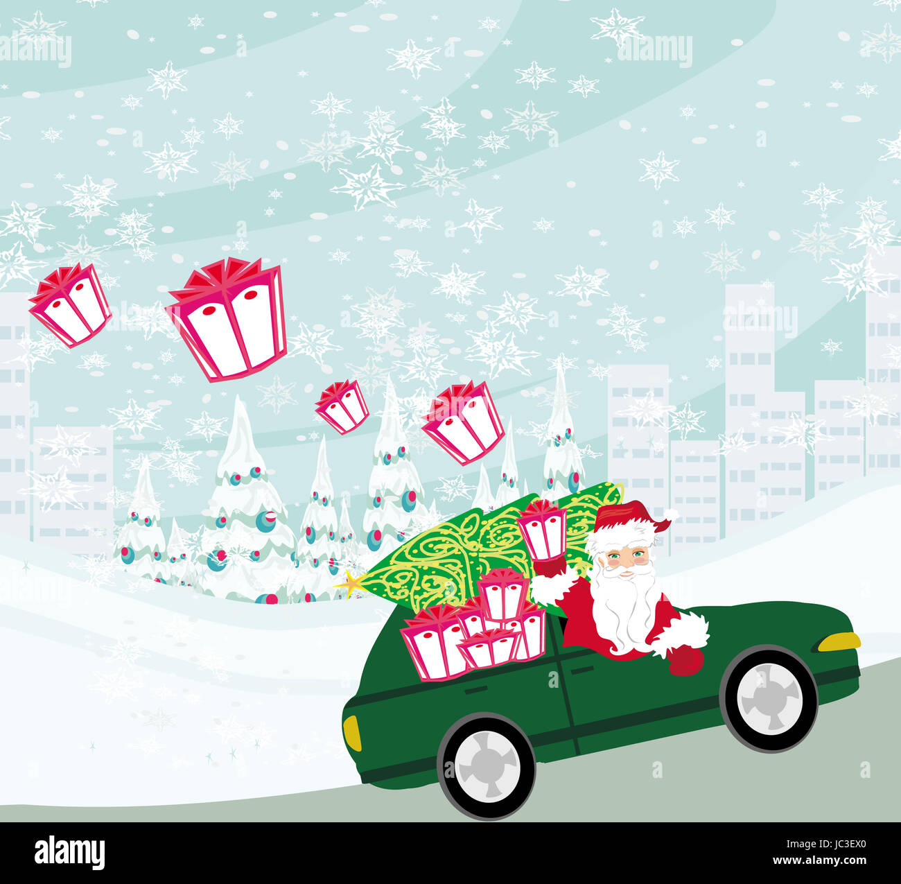 Santa Claus driving car with Christmas gifts Stock Photo - Alamy