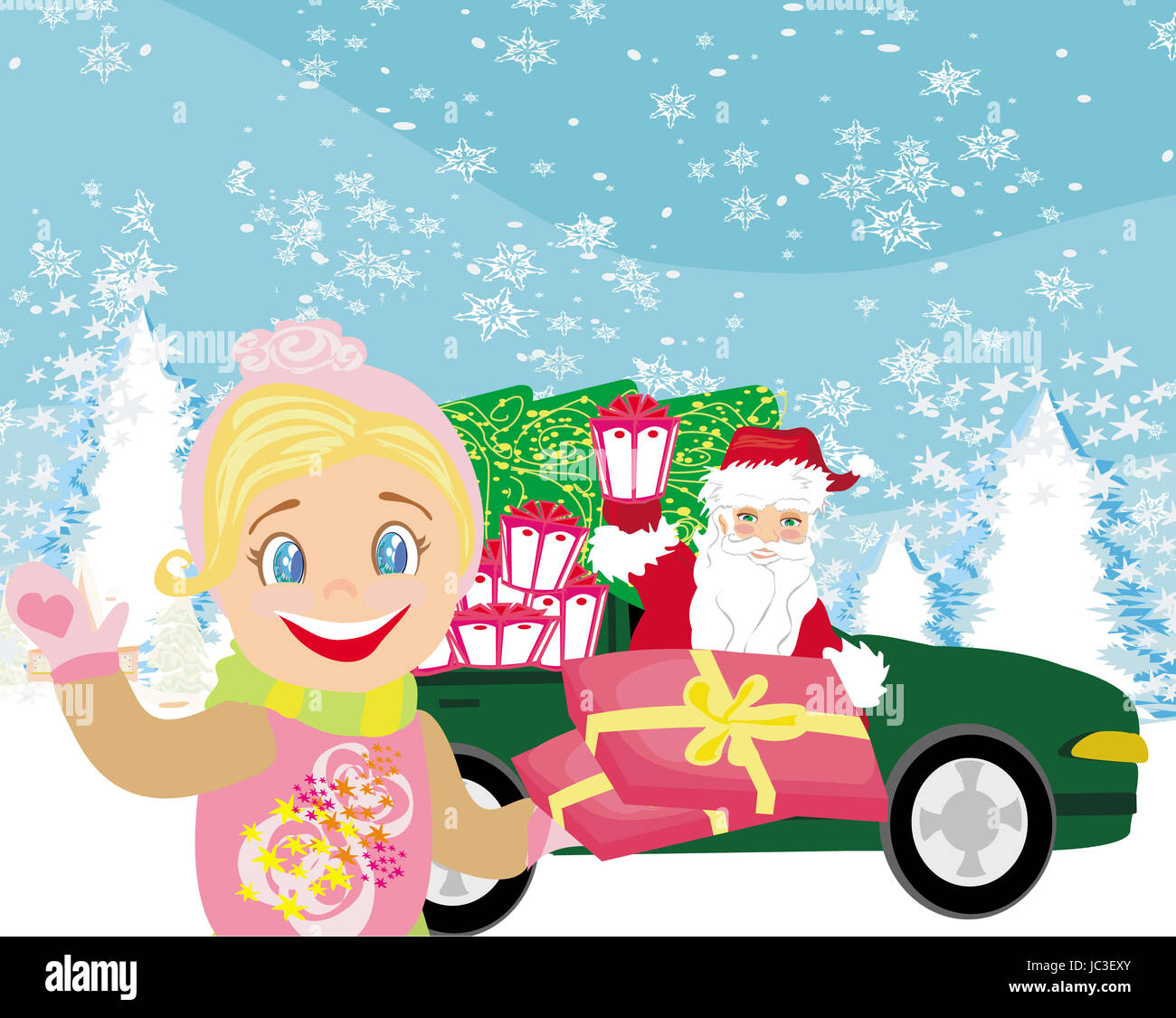 Santa Claus driving car with Christmas gifts Stock Photo - Alamy