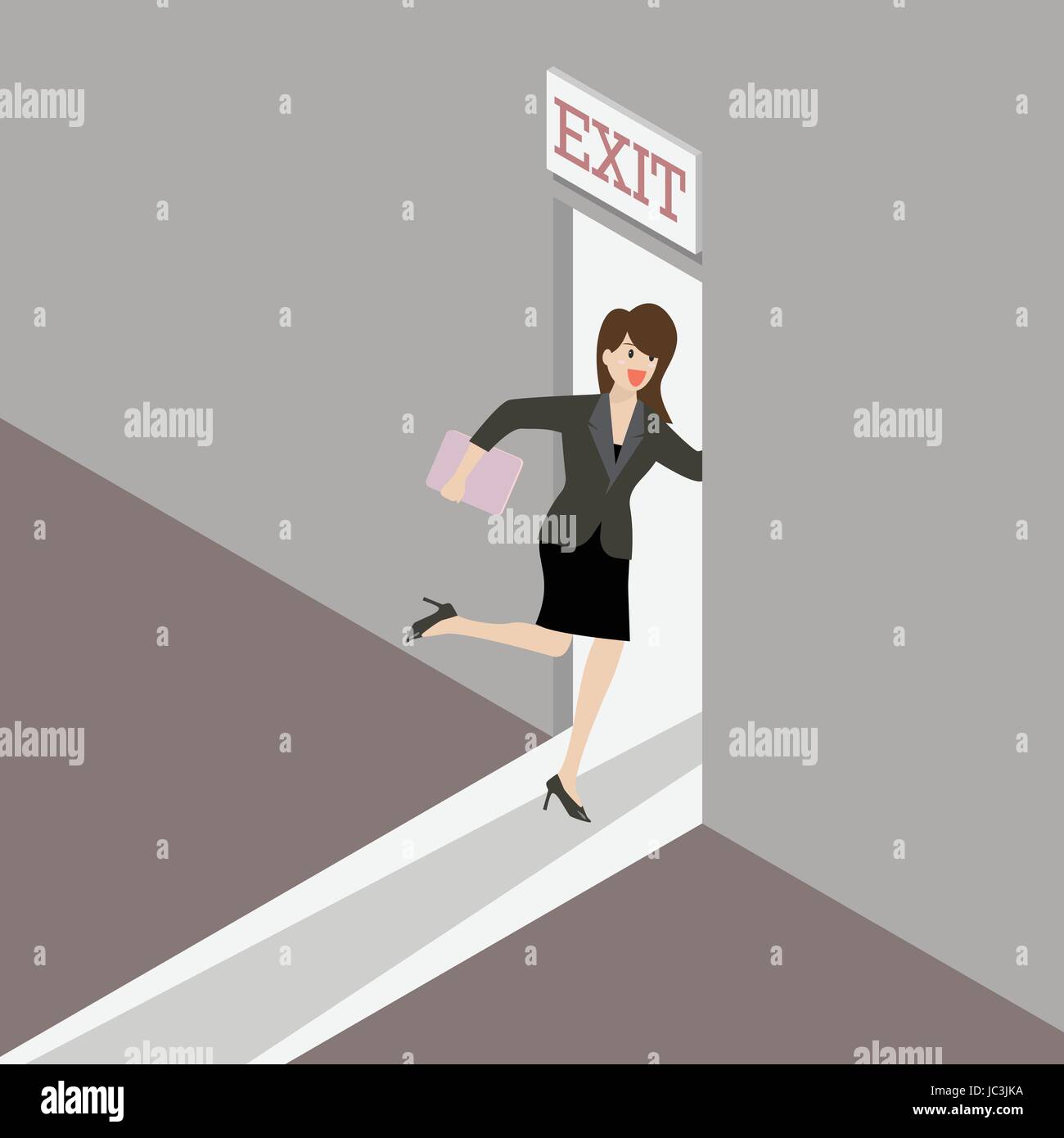 Business woman runs to the exit door. Business solution or exit ...