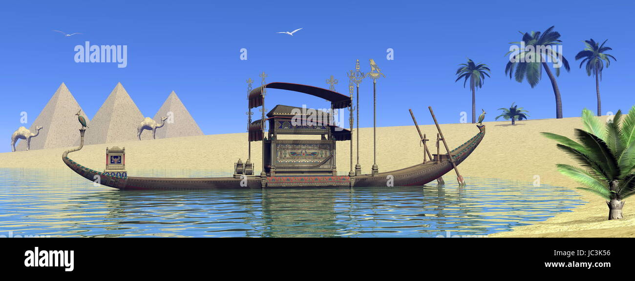 Tomb on sacred barge floating on the water next to sand and pyramids in ...