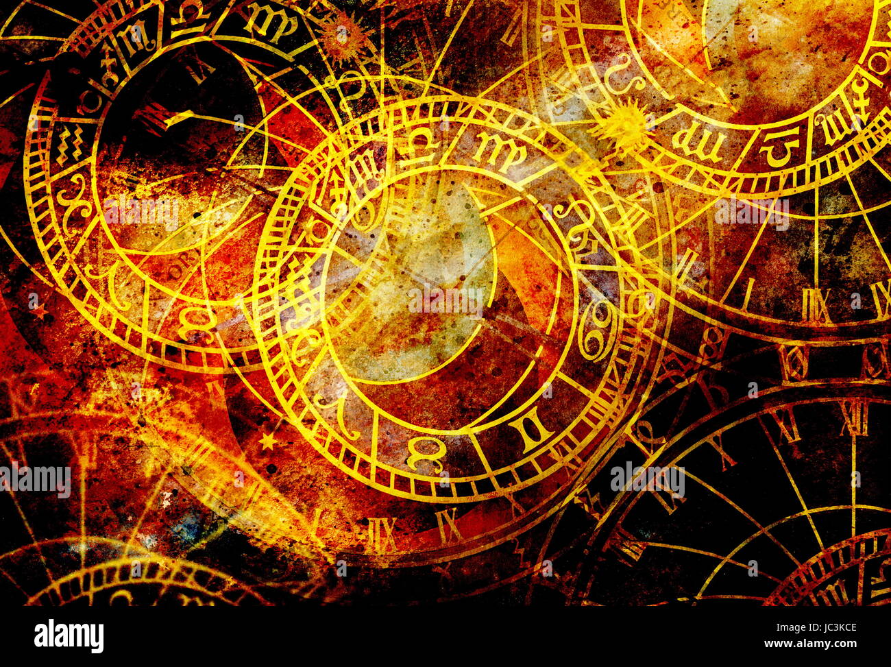 Old clock and zodiac collage. Abstract color background Stock Photo - Alamy
