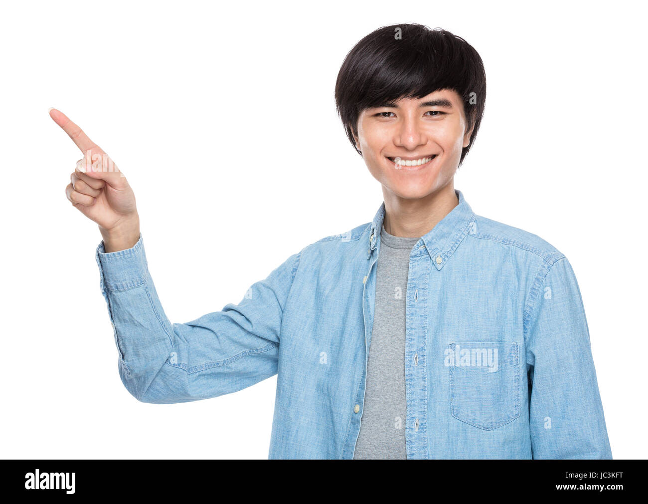 Young man finger up Stock Photo - Alamy