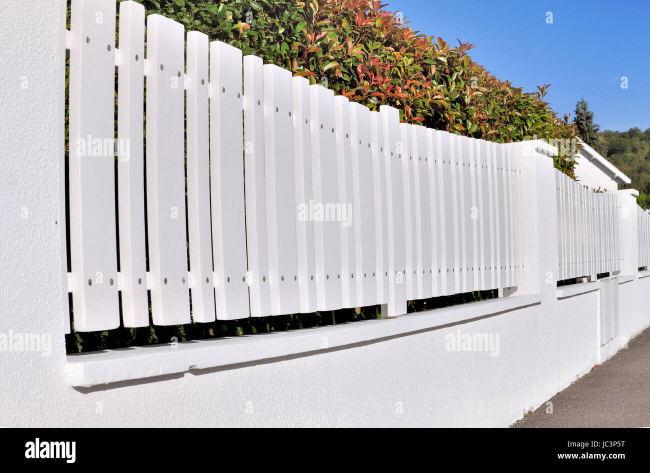white pvc fence with hedge back in residential street Stock Photo - Alamy