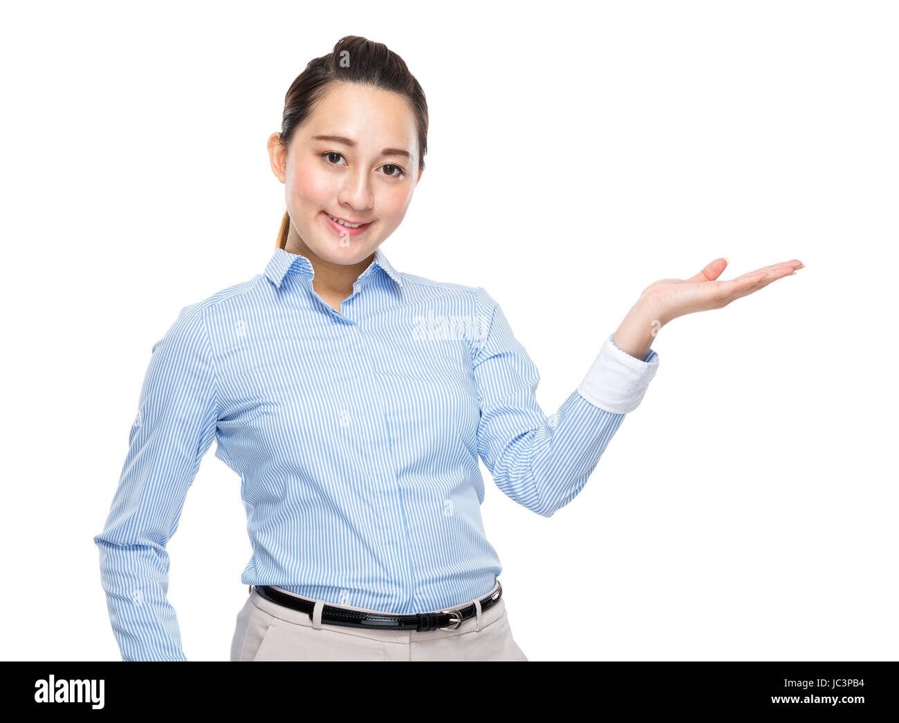 Business woman with hand present Stock Photo - Alamy