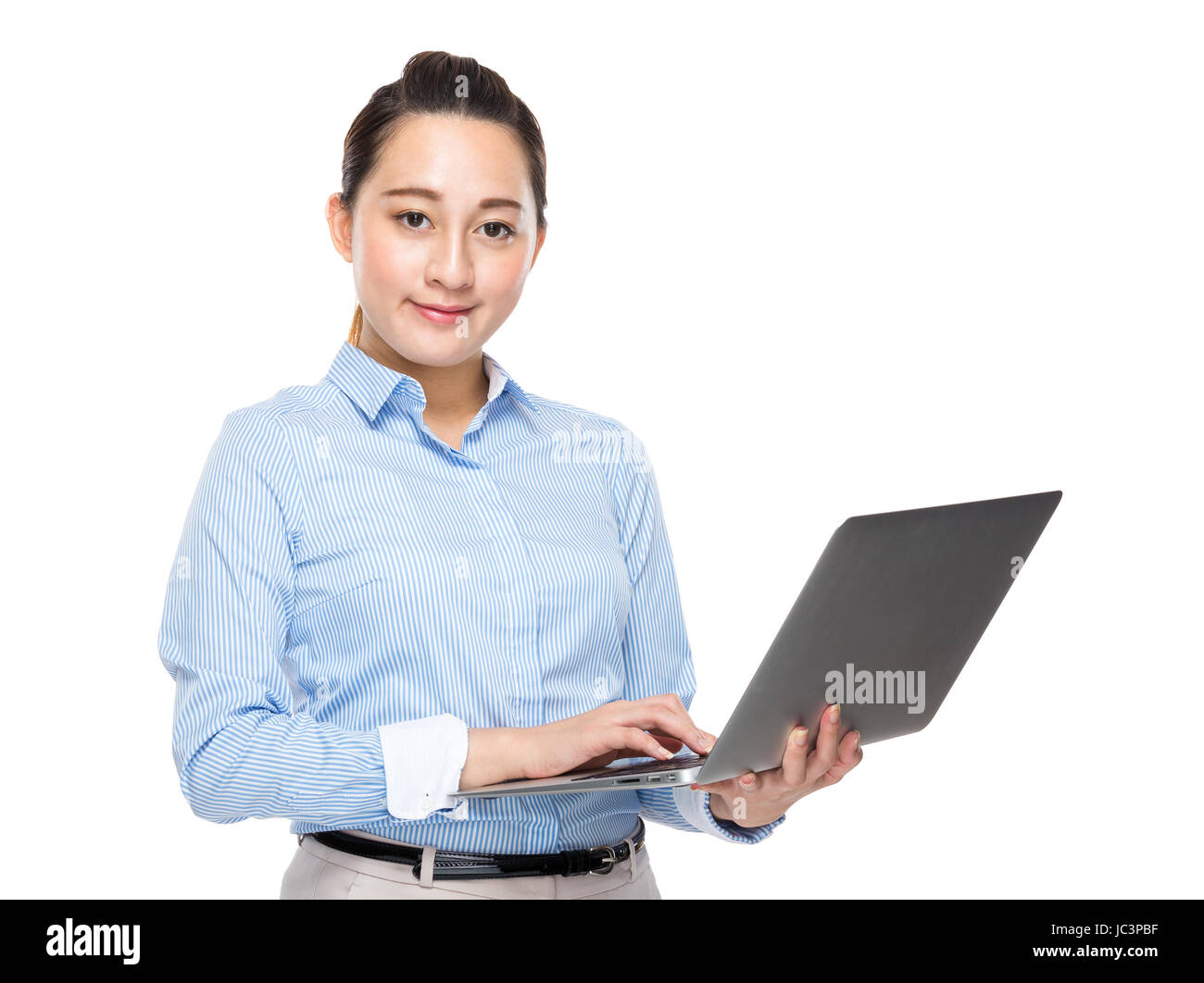 Mixed race business woman use laptop computer Stock Photo - Alamy